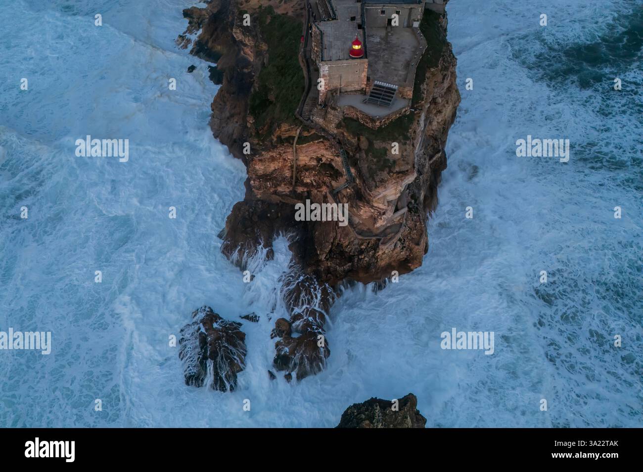 Aerial view of the The Nazare Lighthouse - Farol de Nazare -, where ...