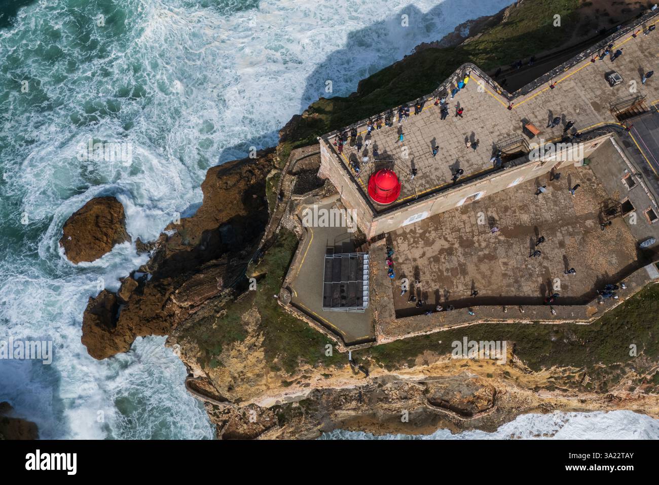 Aerial view of the The Nazare Lighthouse - Farol de Nazare -, where ...
