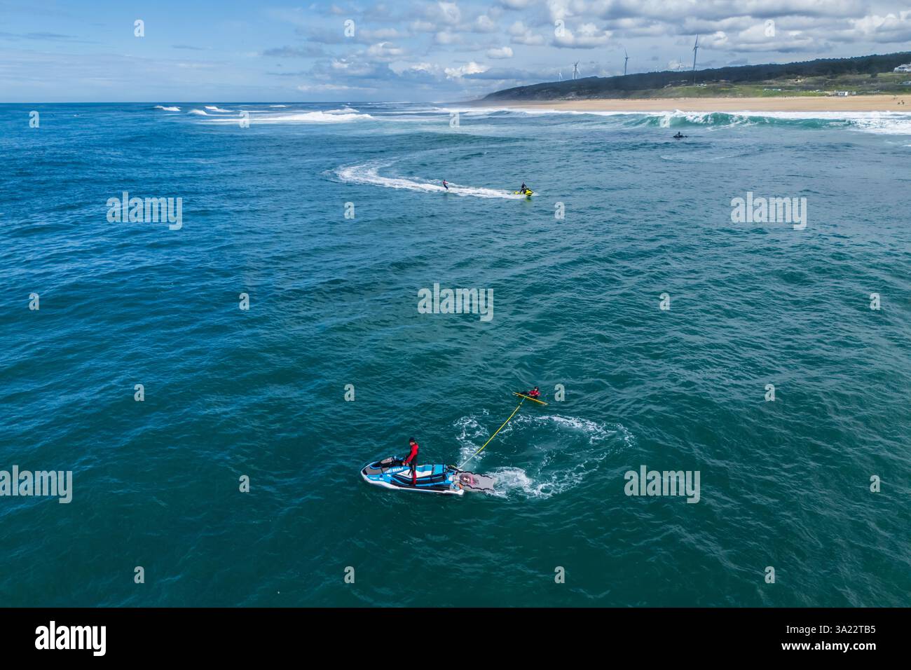 Aerial drone view of Big wave surfing in Praia do Norte (North Beach ...