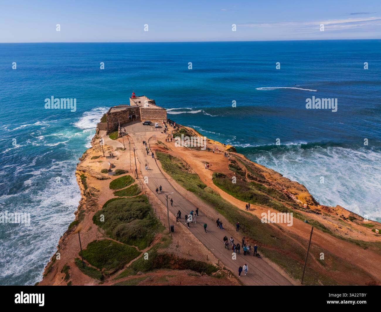 Aerial view of the The Nazare Lighthouse - Farol de Nazare -, where ...