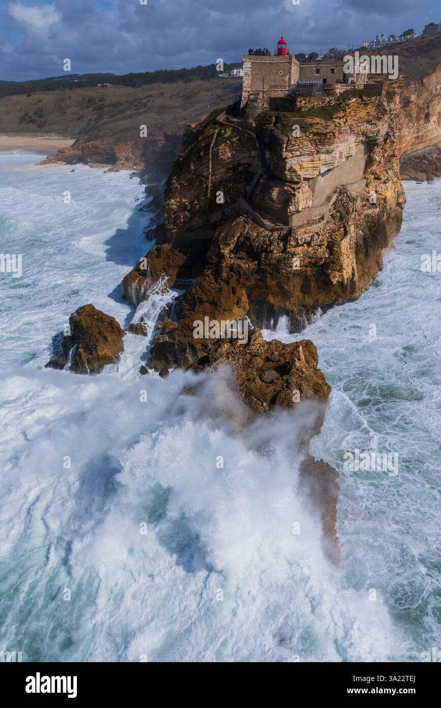 Aerial view of the The Nazare Lighthouse - Farol de Nazare -, where ...
