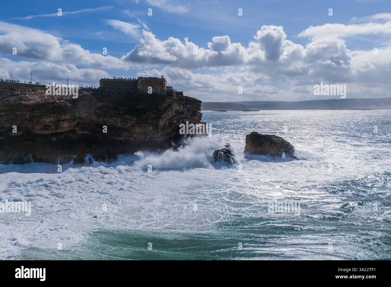 Aerial view of the The Nazare Lighthouse - Farol de Nazare -, where ...