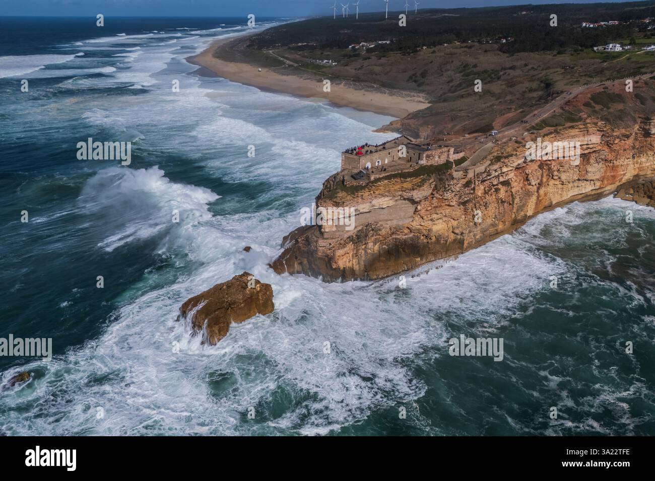 Aerial view of the The Nazare Lighthouse - Farol de Nazare -, where ...