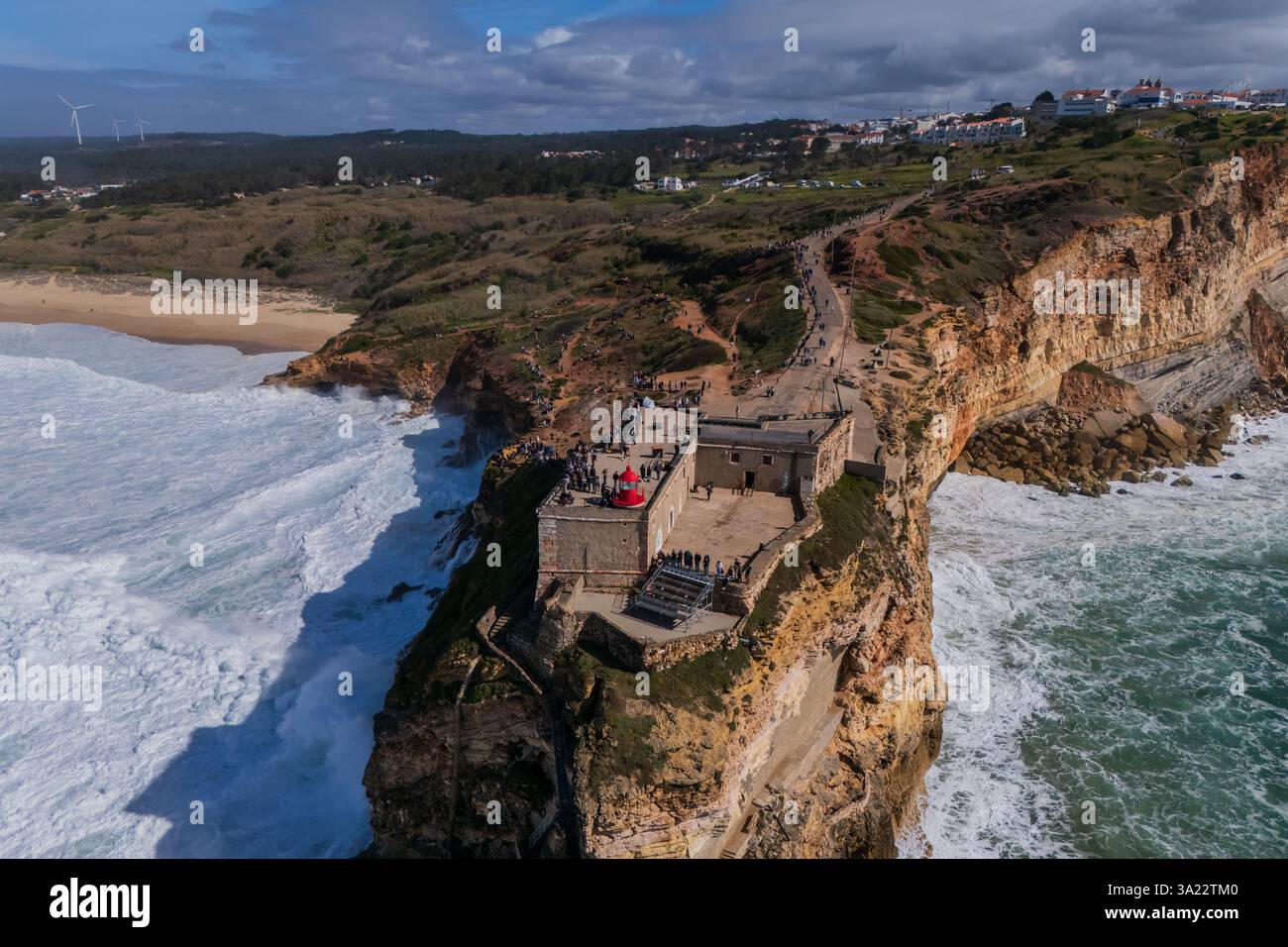 Aerial view of the The Nazare Lighthouse - Farol de Nazare -, where ...
