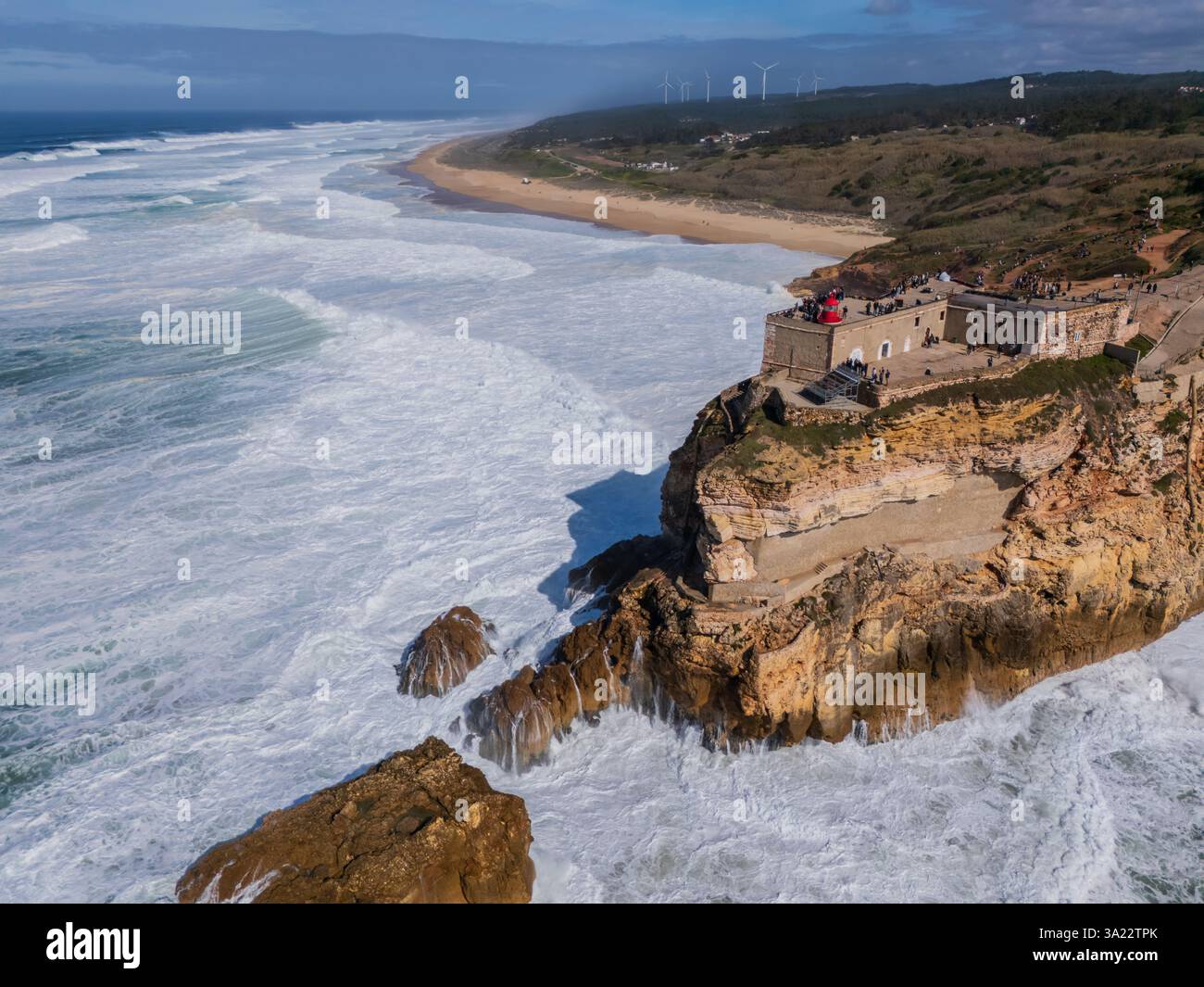 Aerial view of the The Nazare Lighthouse - Farol de Nazare -, where ...