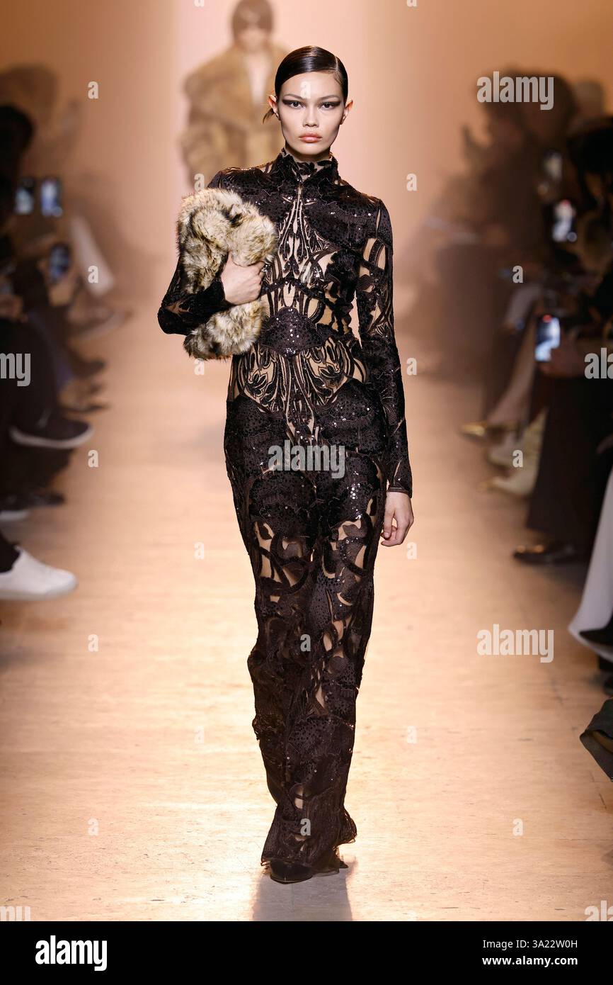 Model Heather Diamond Strongarm is seen on the catwalk at the Elie Saab ...