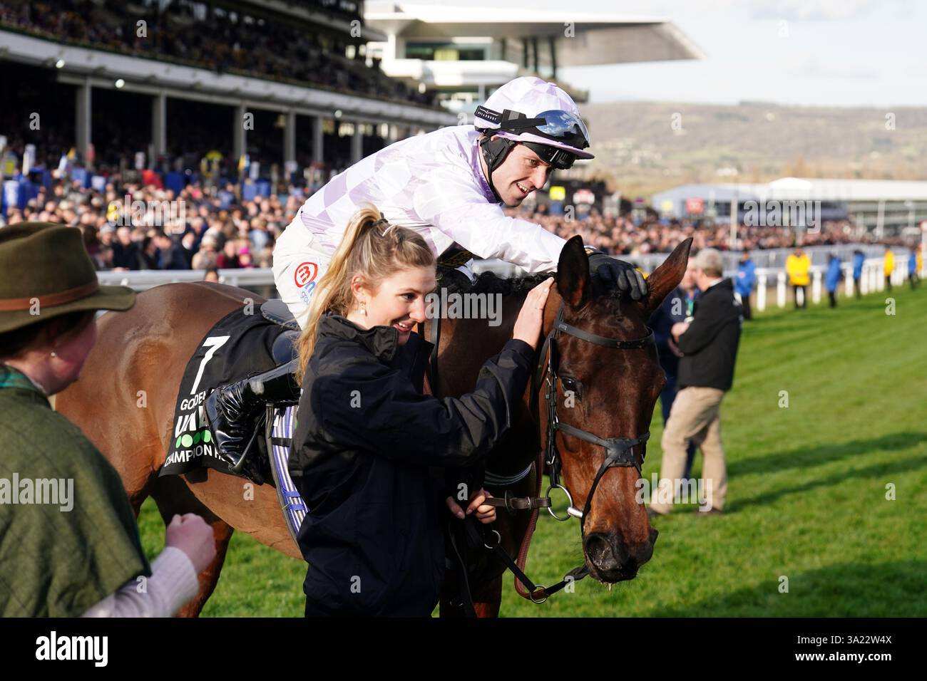 Lorcan Williams aboard Golden Ace after winning the Unibet Champion ...