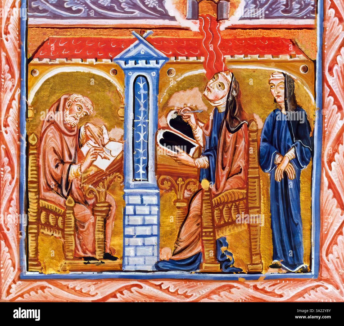 Hildegard of Bingen receives a divine vision, together with her secretary Volmar and her ...