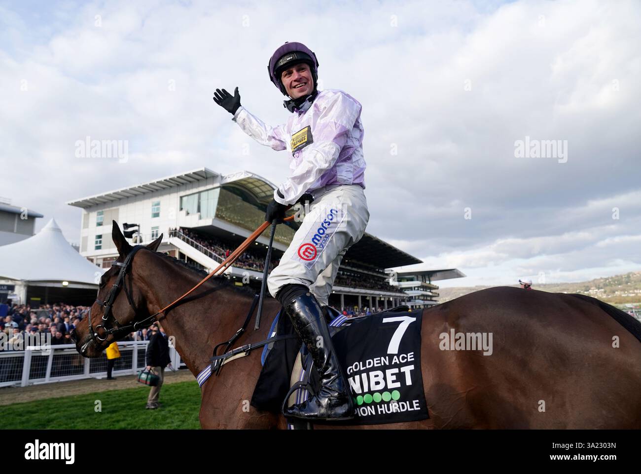 Jockey Lorcan Williams celebrates on Golden Ace after winning the ...