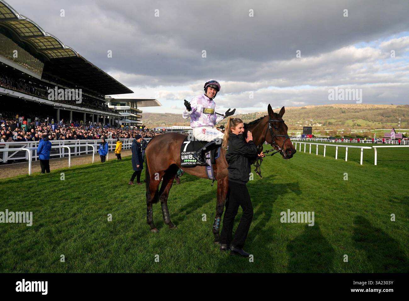 Jockey Lorcan Williams celebrates on Golden Ace after winning the ...