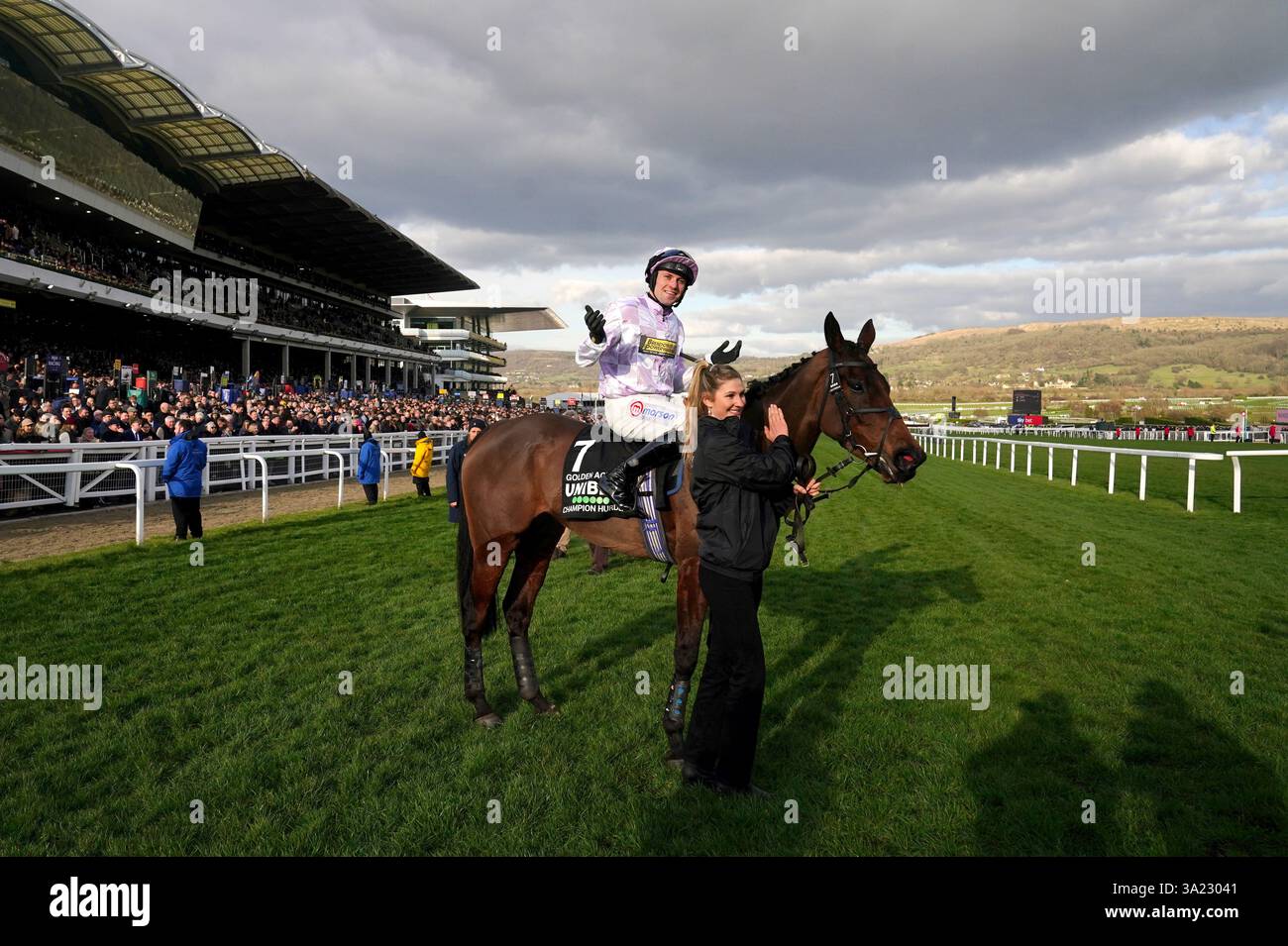 Jockey Lorcan Williams celebrates on Golden Ace after winning the ...