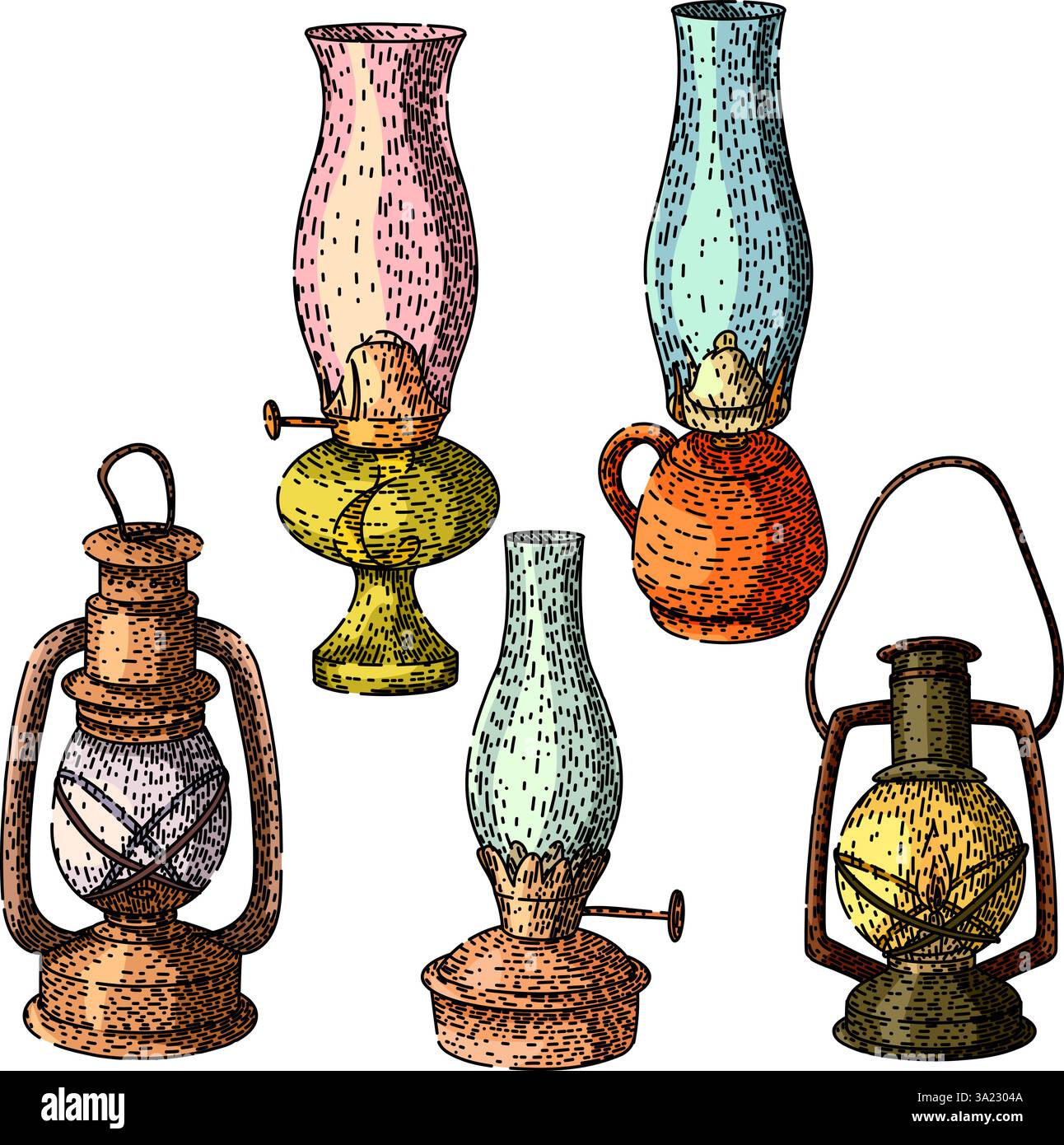 oil lamp set sketch hand drawn vector Stock Vector Image & Art - Alamy