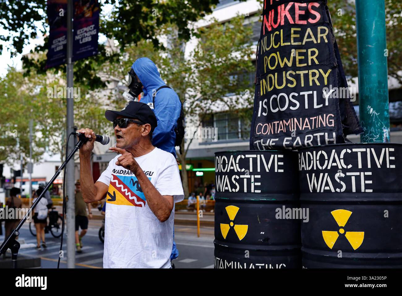 Uncle Robbie Thorpe, an indigenous elder and activist speaks into the ...