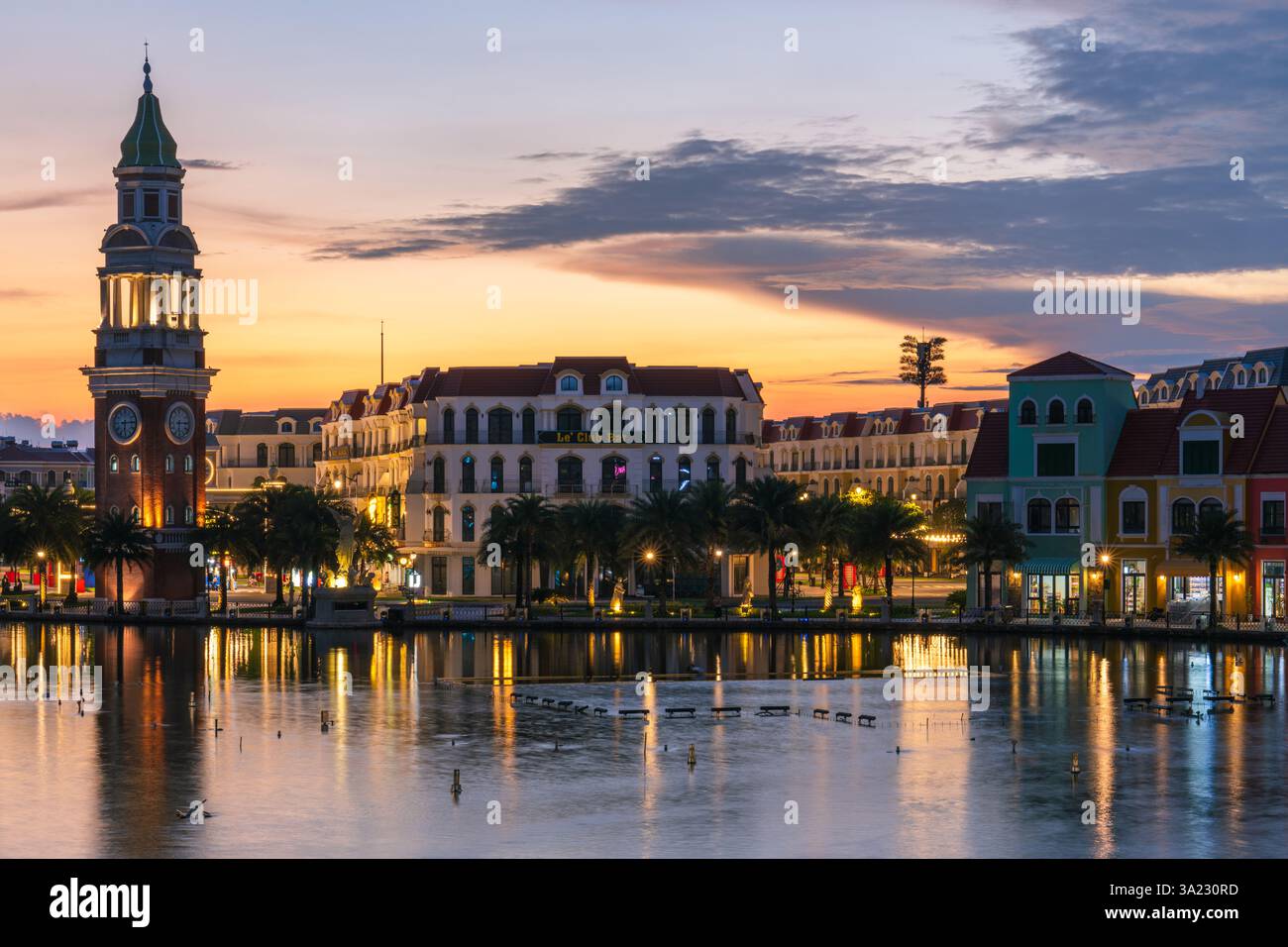 This is a sunset view of the riverside buildings at Grand World Phu ...