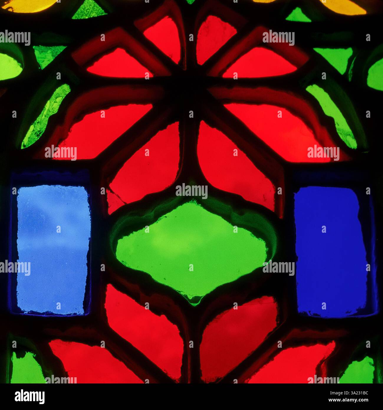 Sky blue, radiant red and vibrant green in close detail of a ...