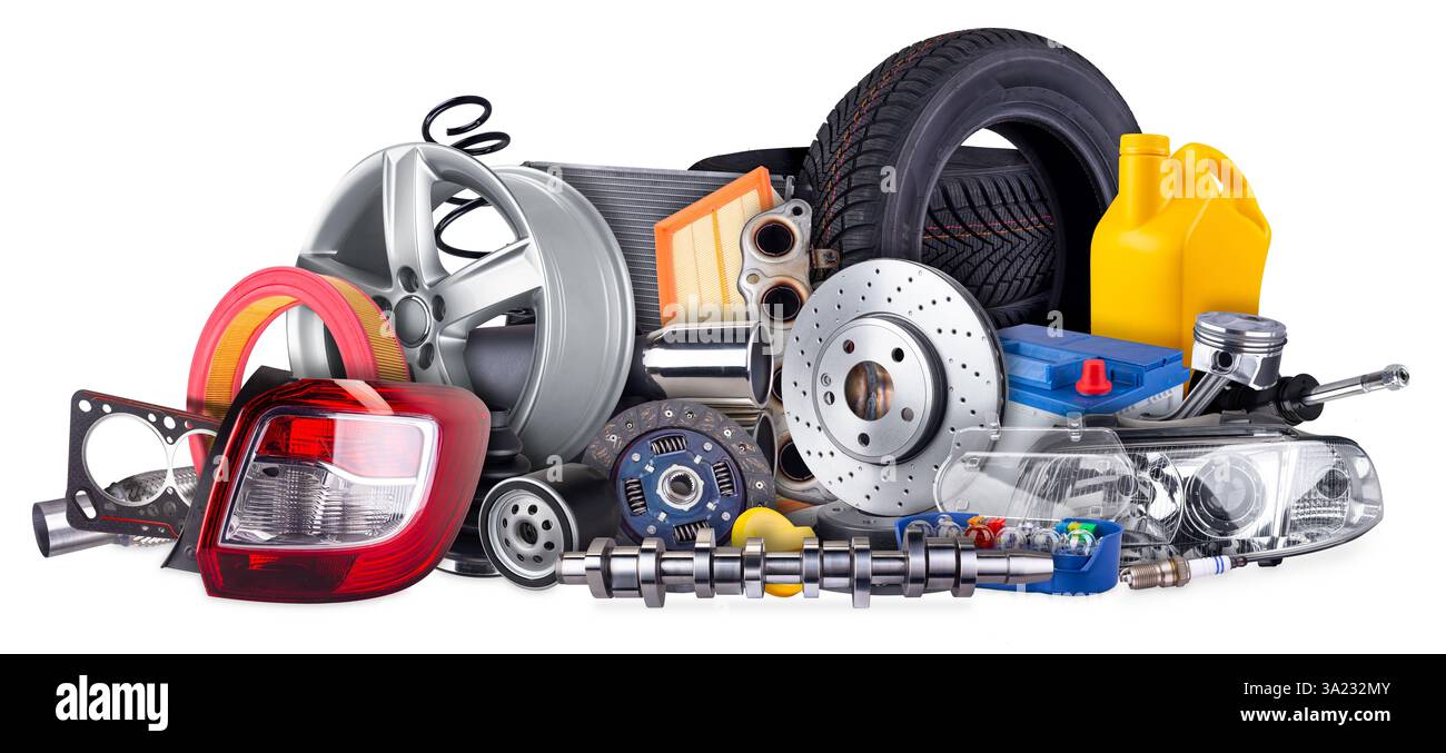 huge stack pile of car parts including wheels, tires, filters, and ...