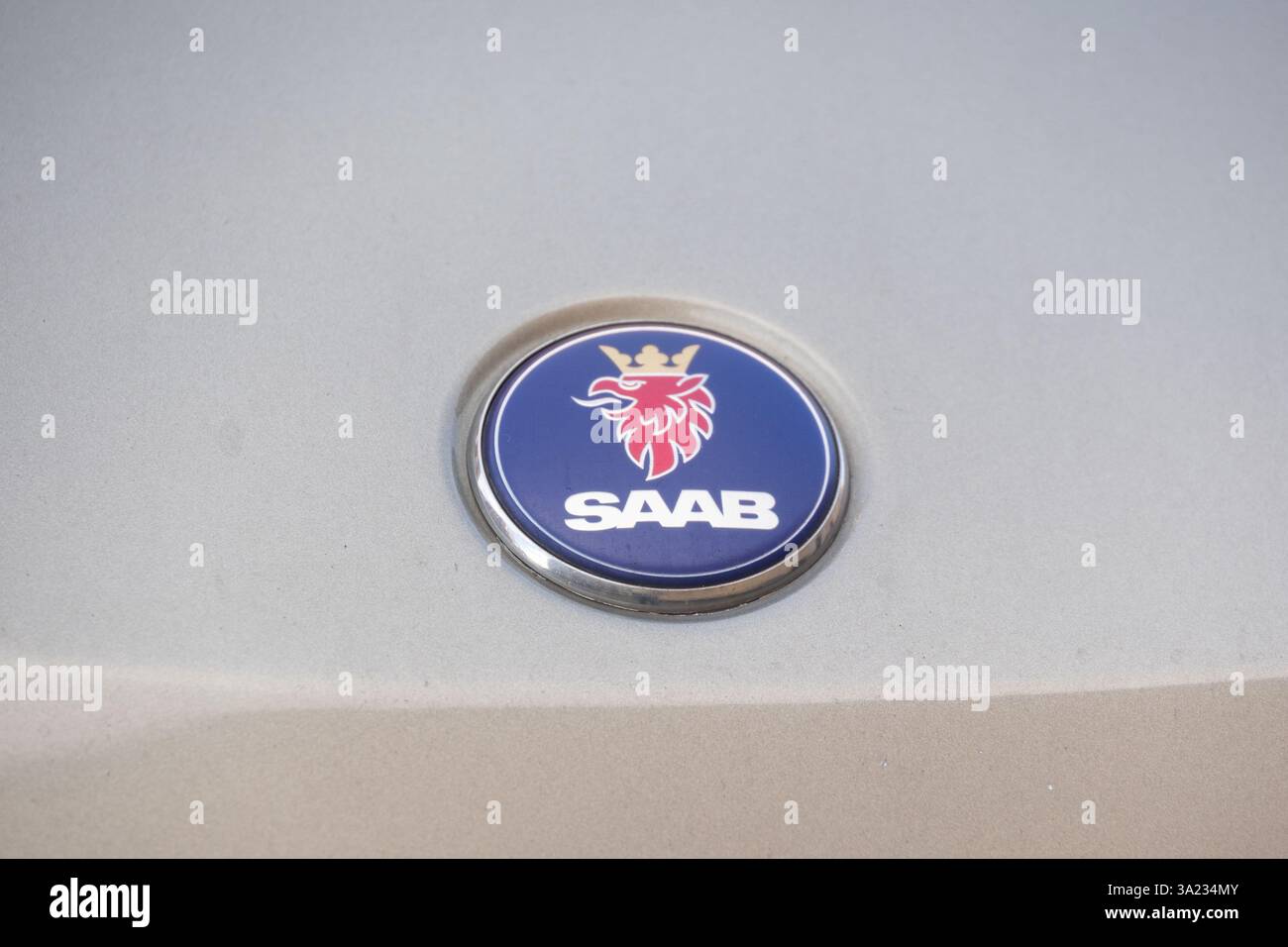 March 2, 2025, Copenhagen, Denmark: The logo of Saab is seen on a car ...