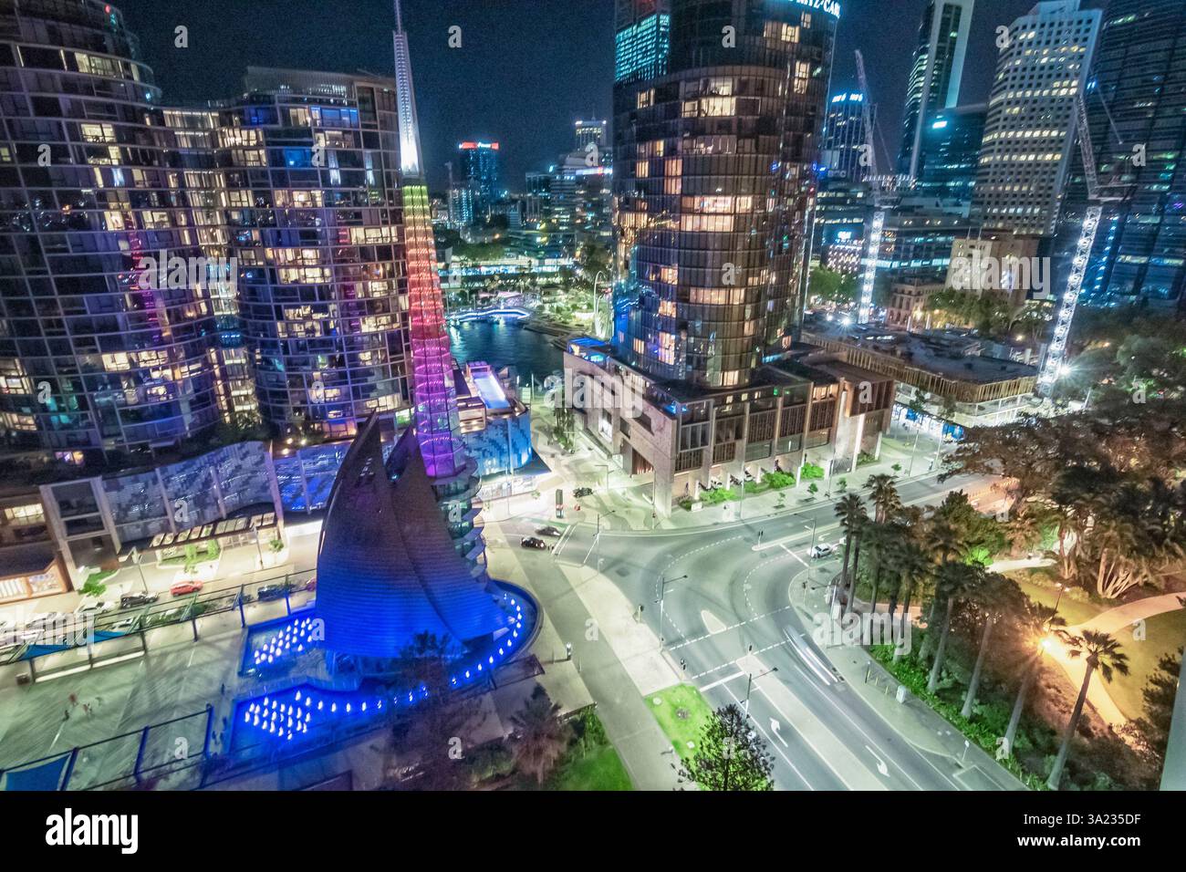 Aerial view of Elizabeth Quay in Perth city, Western Australia at night ...