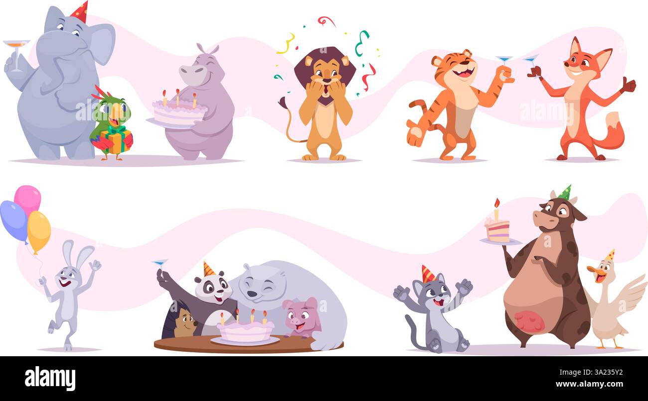 Birthday animals. Happy smile wild cartoon animals with cake and gifts ...