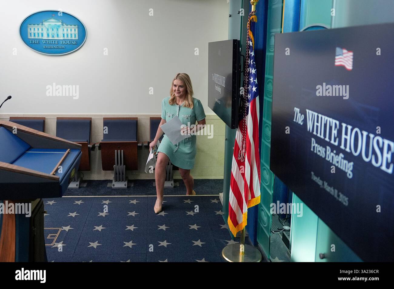 White House press secretary Karoline Leavitt arrives to speak with reporters in the James Brady ...