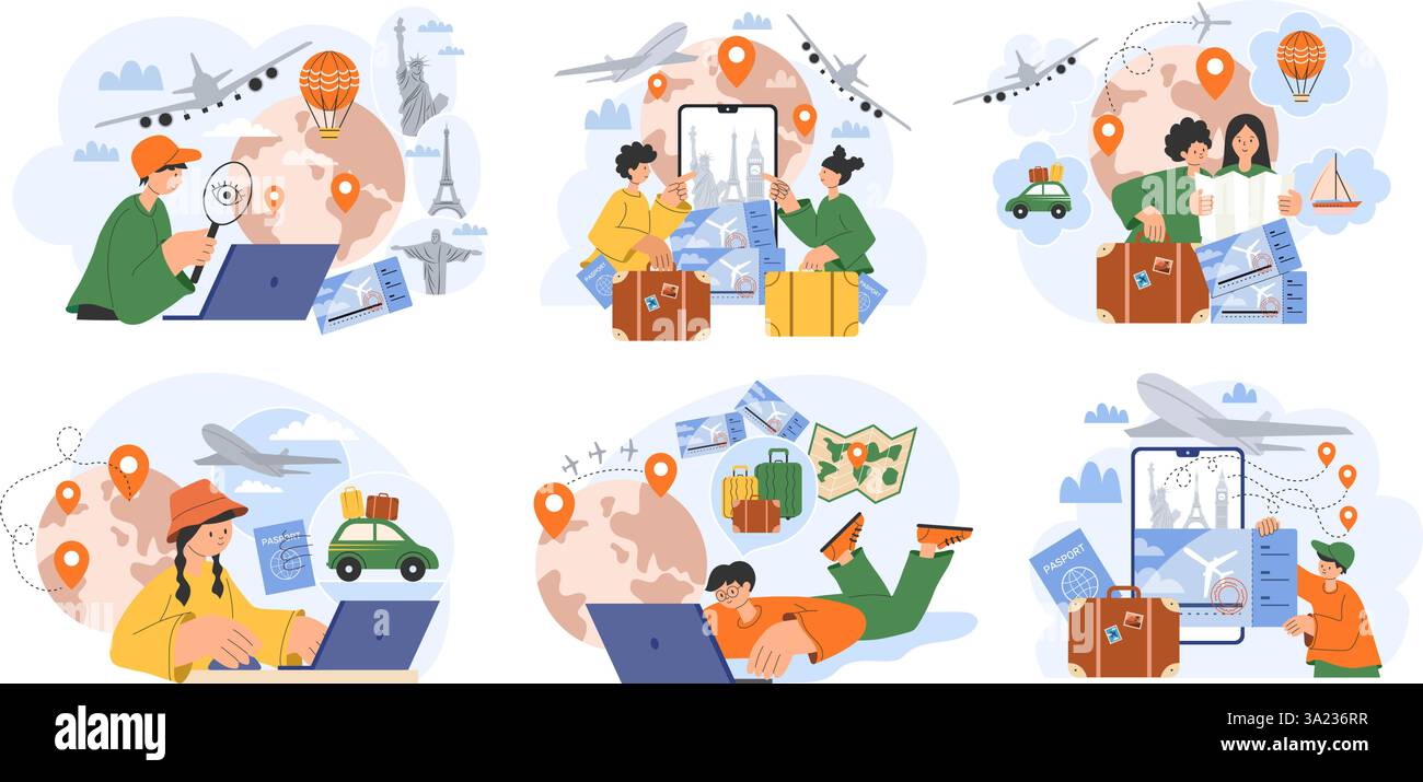 Tourists plan. Concept scenes of adventure trip organisation processes ...