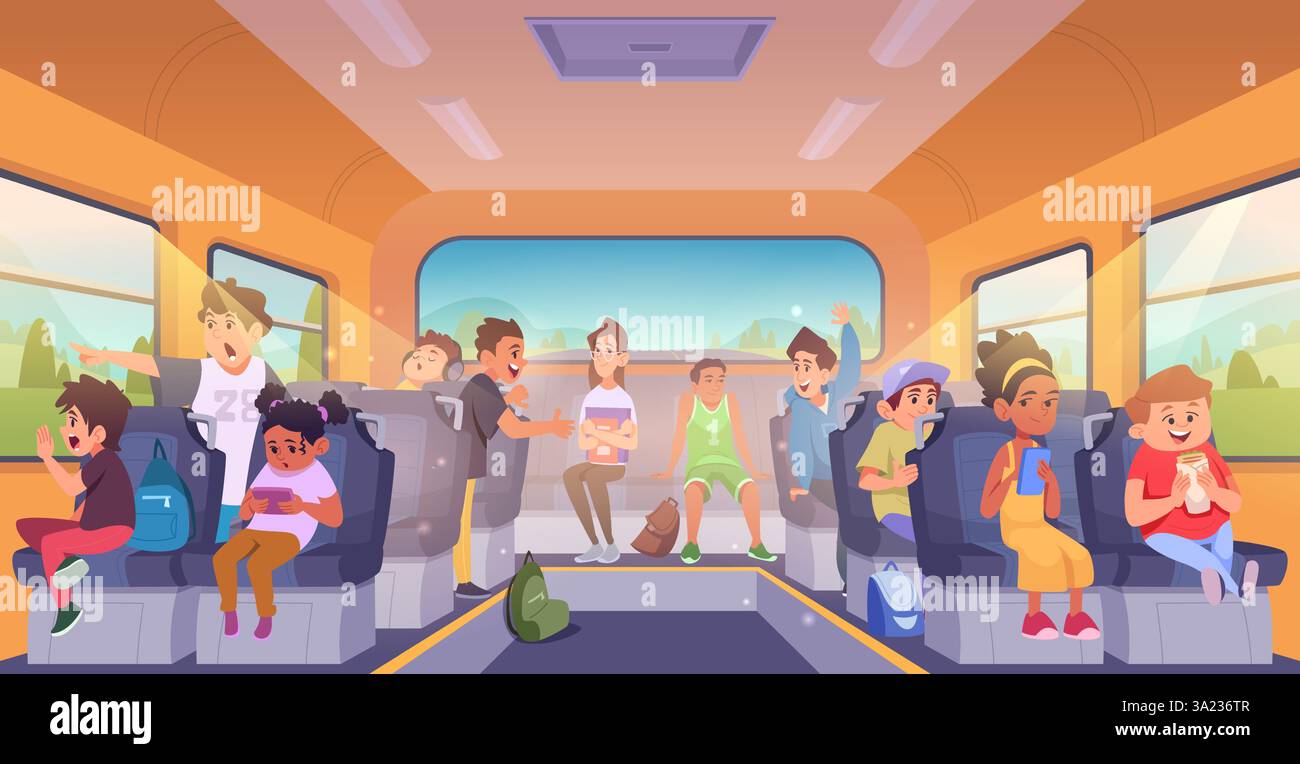 School bus. Little characters pupils boys and girls in dialogue scenes ...
