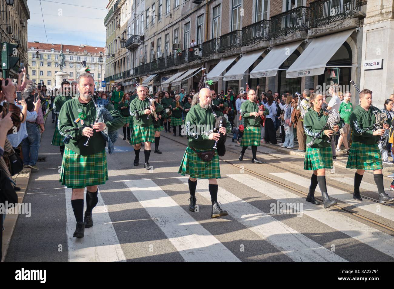 St. Patrick's day celebration parade - musicians in Irish kilts with ...