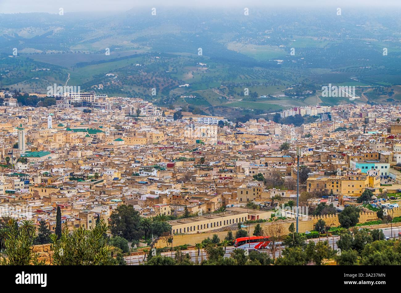 Morocco, Fes - aerial view of the city and medina of Fez, including ...