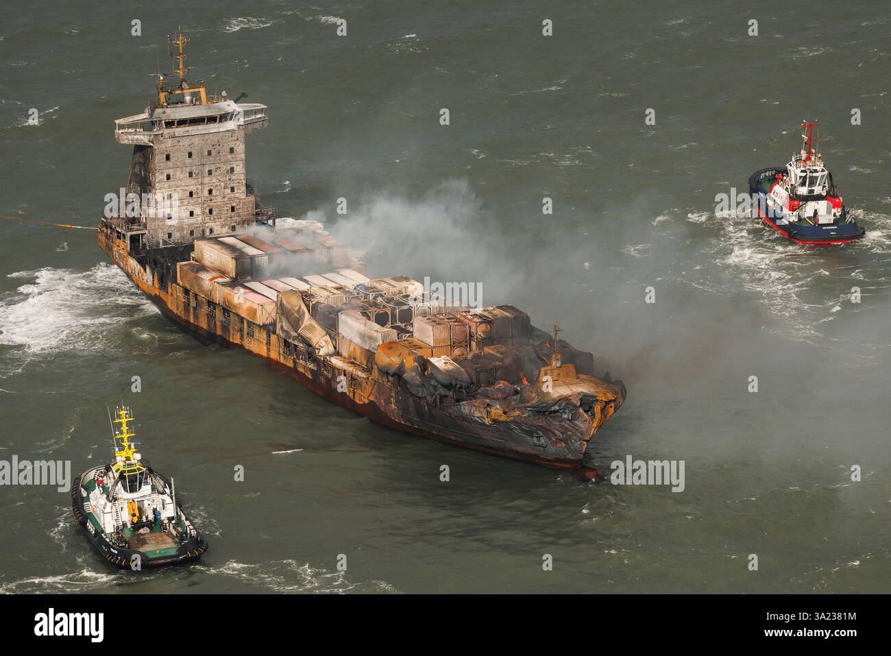 Smoke billows from the MV Solong cargo ship in the North Sea, off the ...