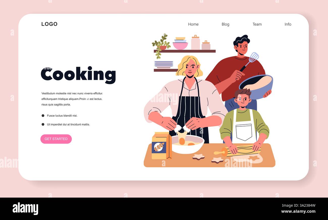 Dinner party scene featuring a family engaged in cooking together. They ...