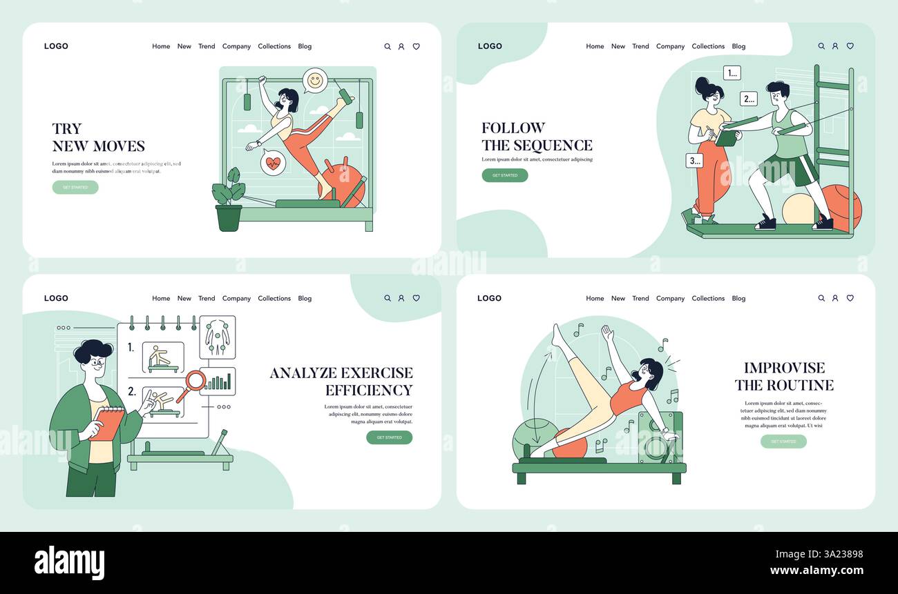 Pilates illustration set featuring diverse exercises and activities ...