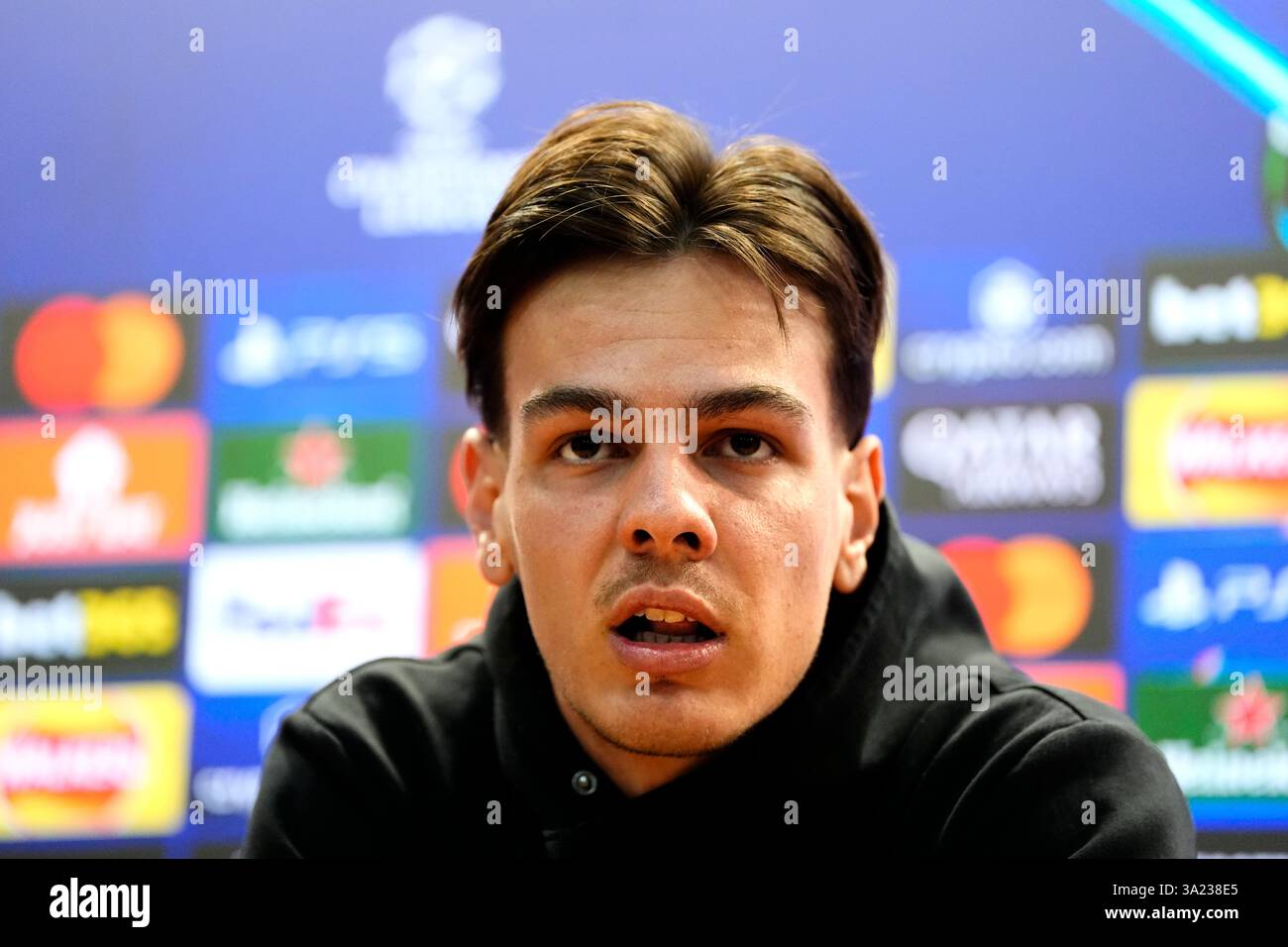 Club Brugge's Ardon Jashari during a press conference at Villa Park ...