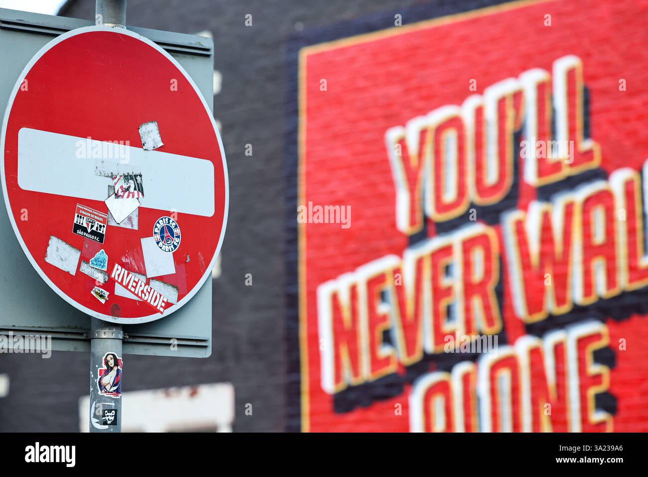 A general view of a Paris Saint-Germain sticker on a no entry sign ...
