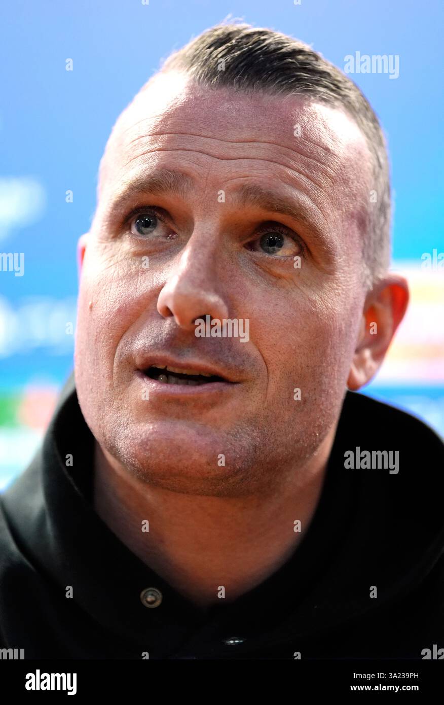 Club Brugge manager Nicky Hayen during a press conference at Villa Park ...