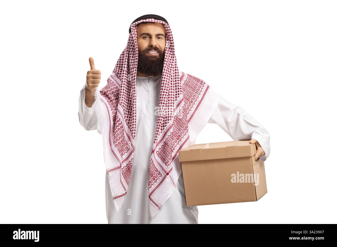 Saudi arab man standing with a cardboard box and gesturing thumb up ...