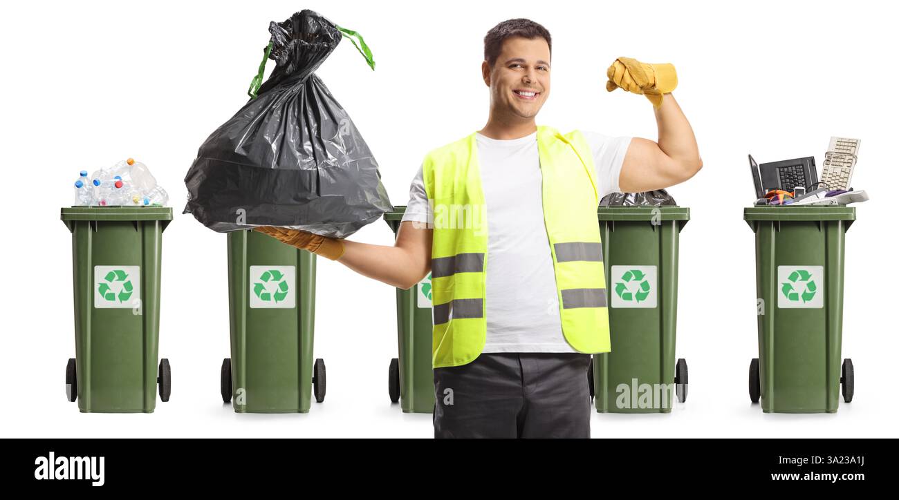 Strong man cleaning and recycling waste materials isolated on white ...