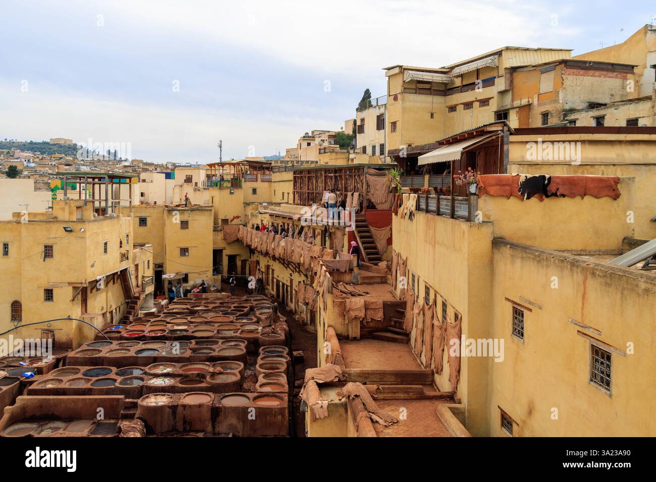 Old tanks of the Fez's tanneries with color paint for leather, Morocco ...