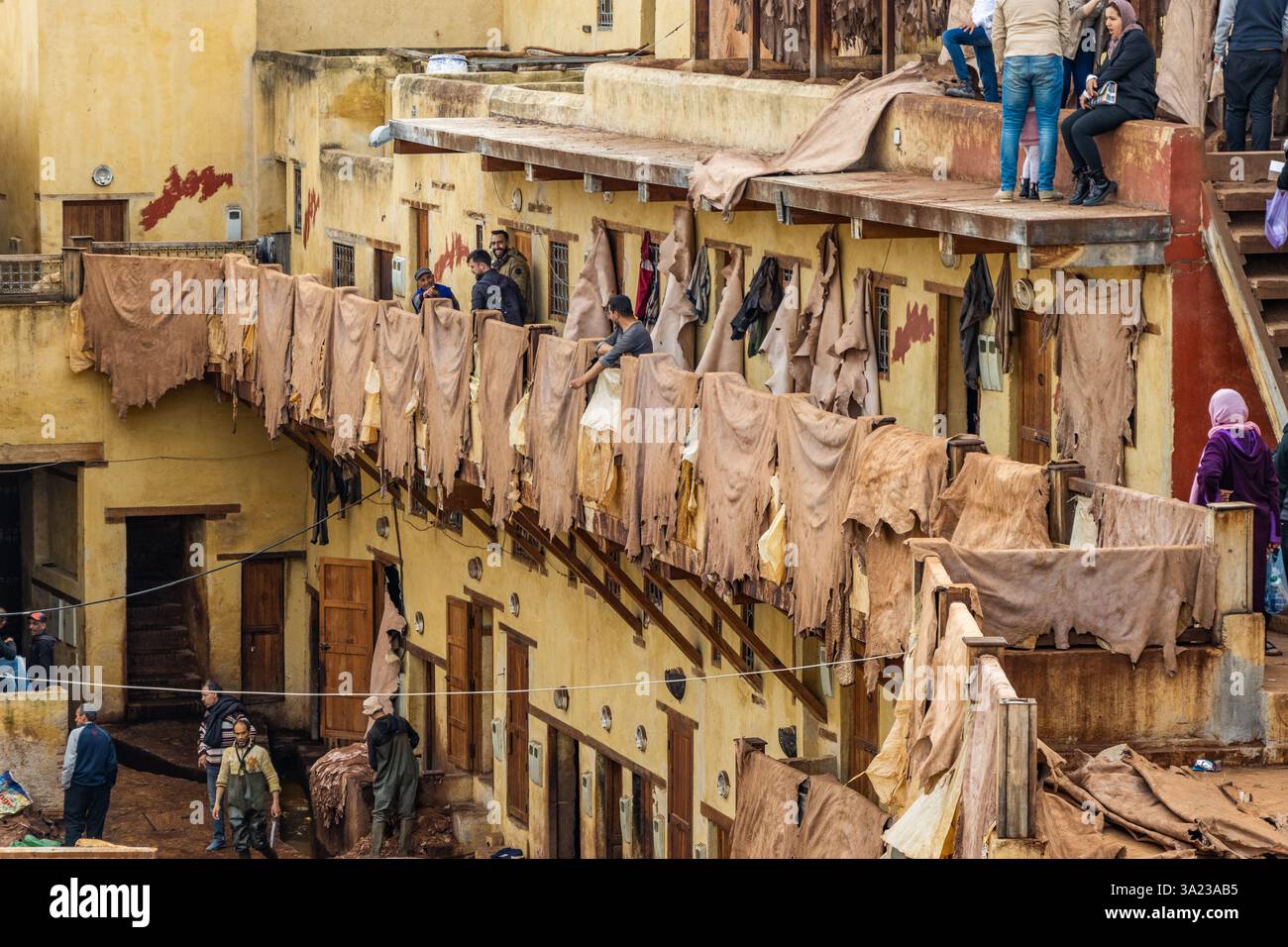 Old tanks of the Fez's tanneries with color paint for leather, Morocco ...