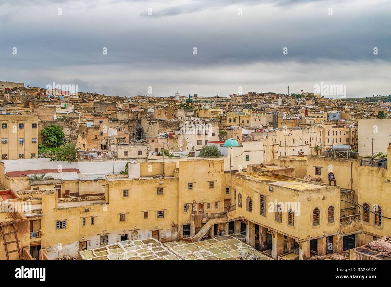 Old tanks of the Fez's tanneries with color paint for leather, Morocco ...