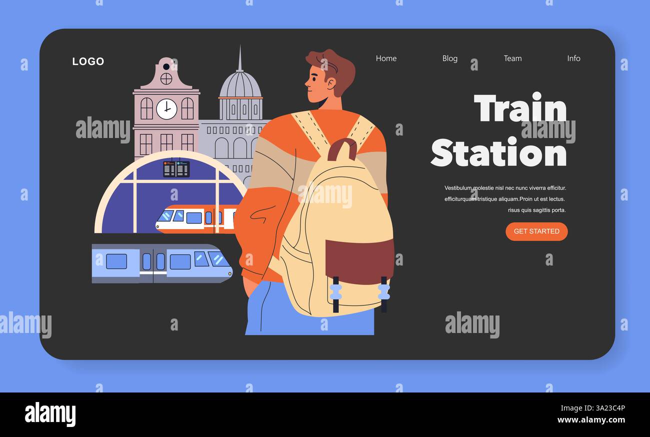 Train Travel illustration. A person stands at a train station ...