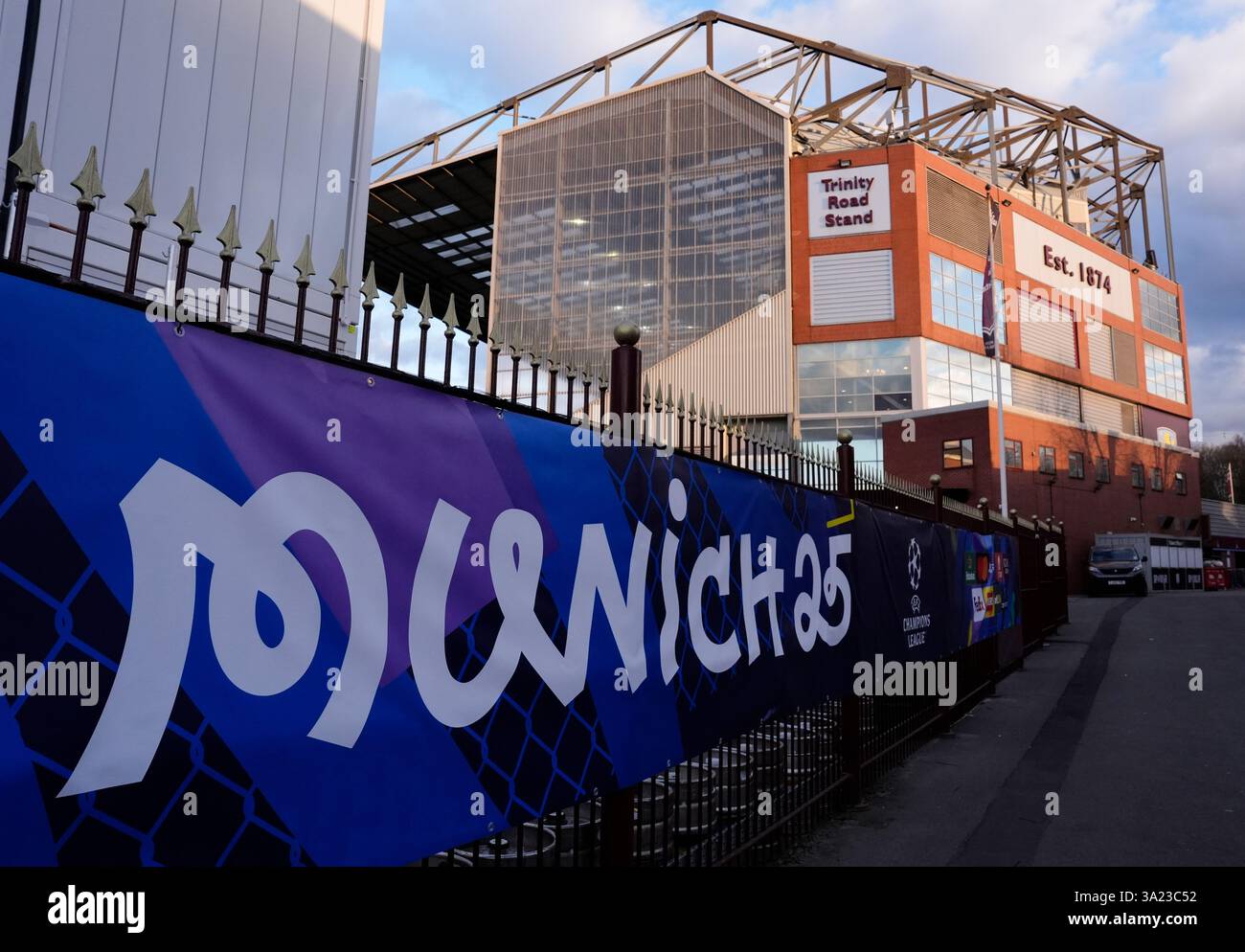 A view of a Champions League banner outside the Trinity Road Stand at ...