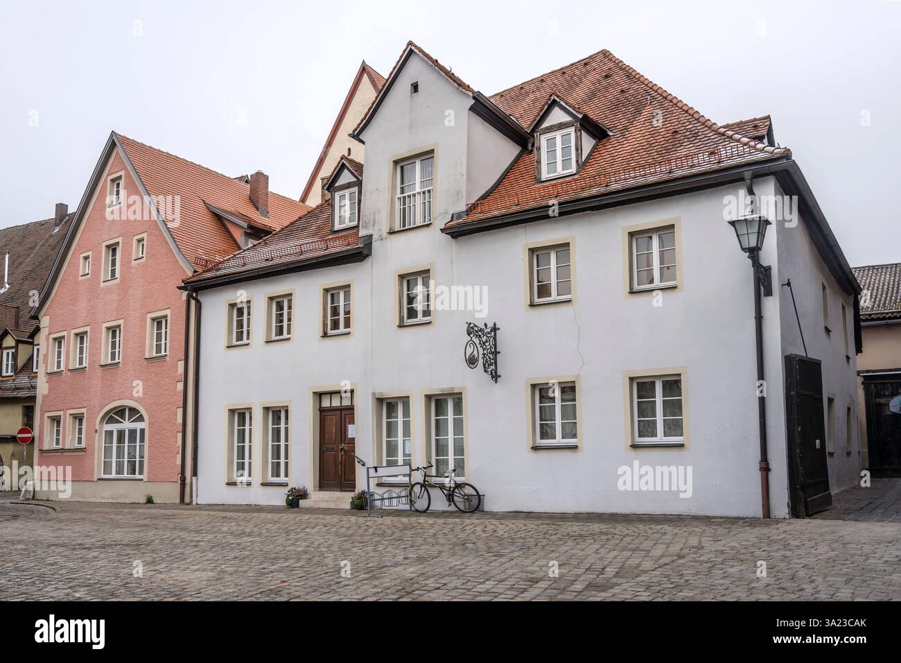 cityscape with traditional buildings in town center, shot in bright ...