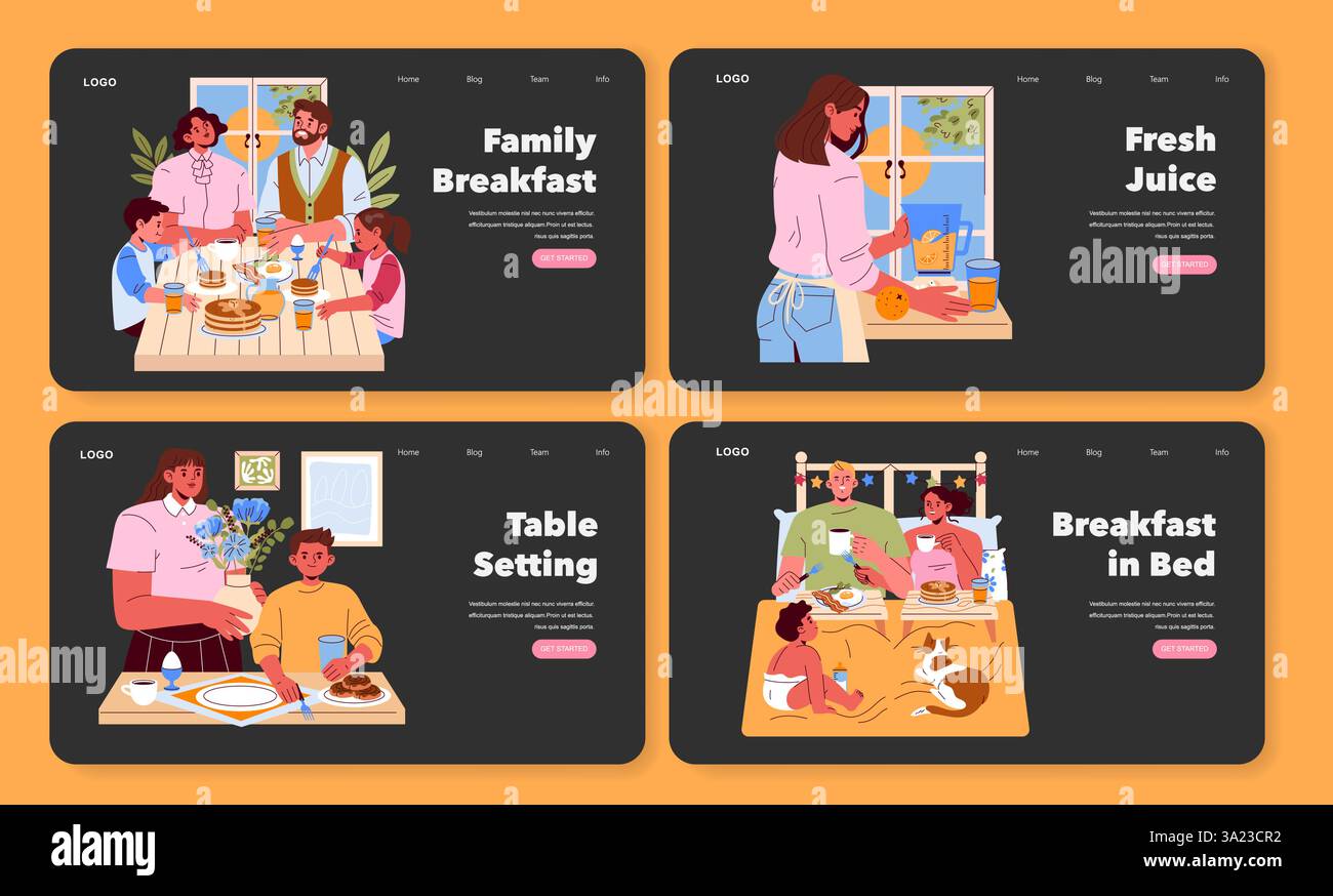 Family breakfast scene featuring parents and children enjoying a meal ...