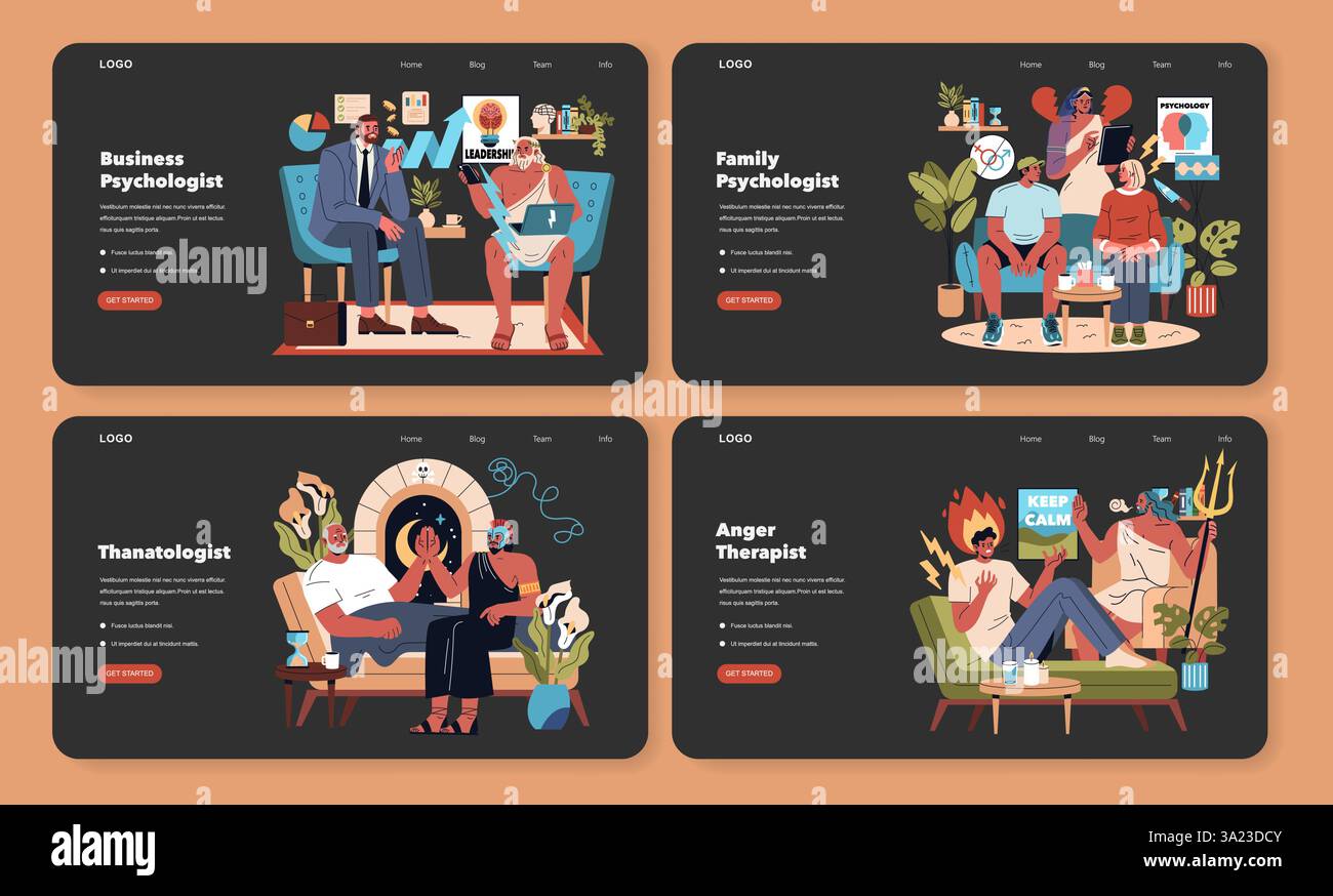 Psychotherapy illustration set featuring different specialties. It covers business psychology ...