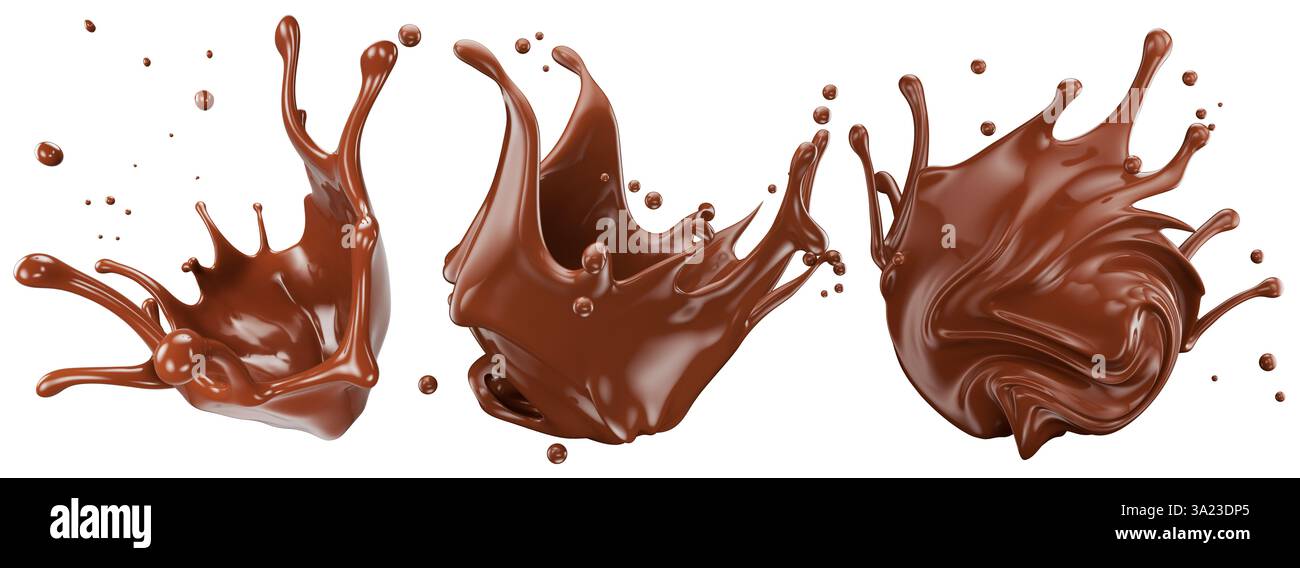 set of chocolate splashes isolated on white background. 3d render Stock ...