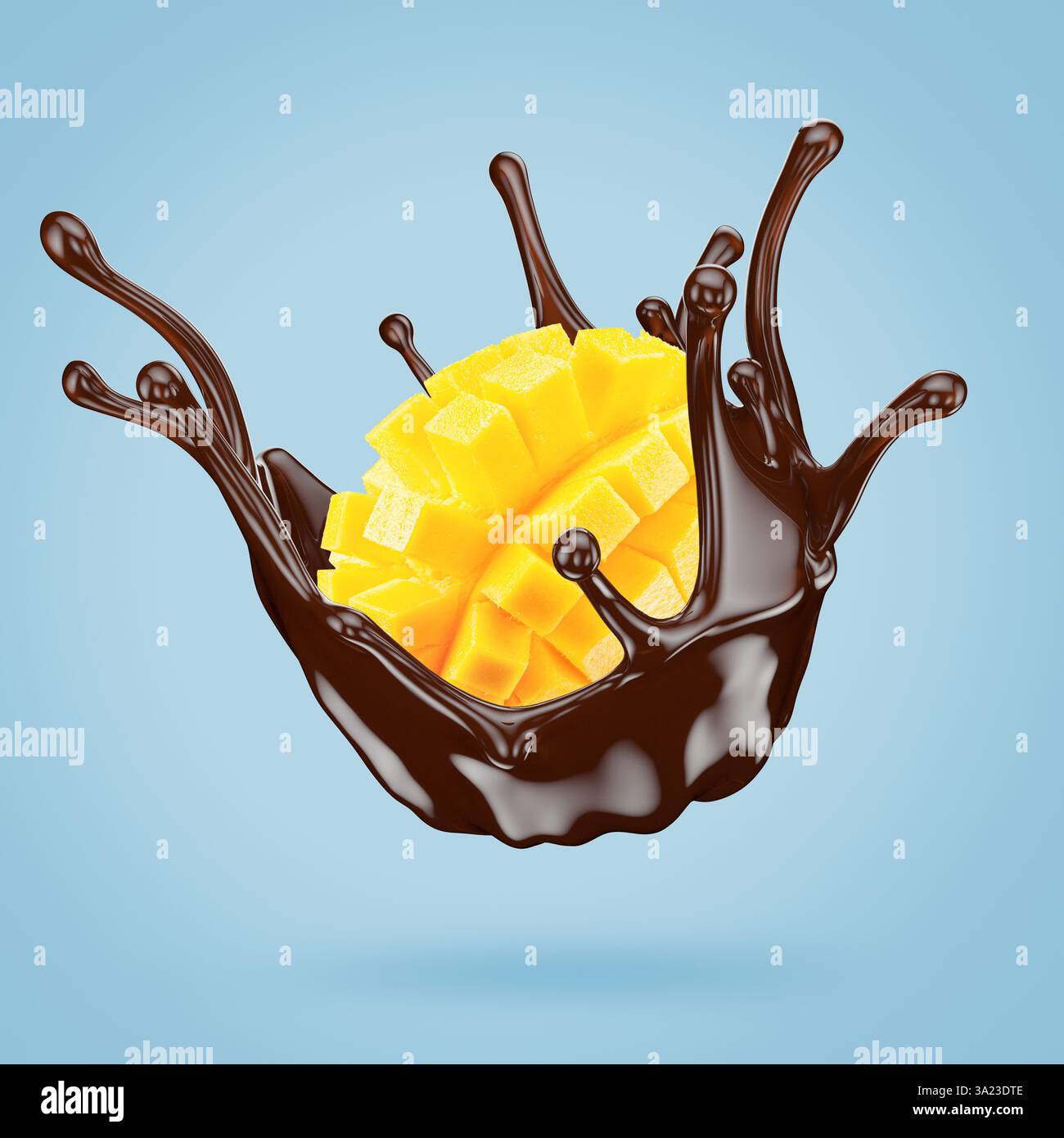 mango cube slices in chocolate splash on a light blue background Stock ...