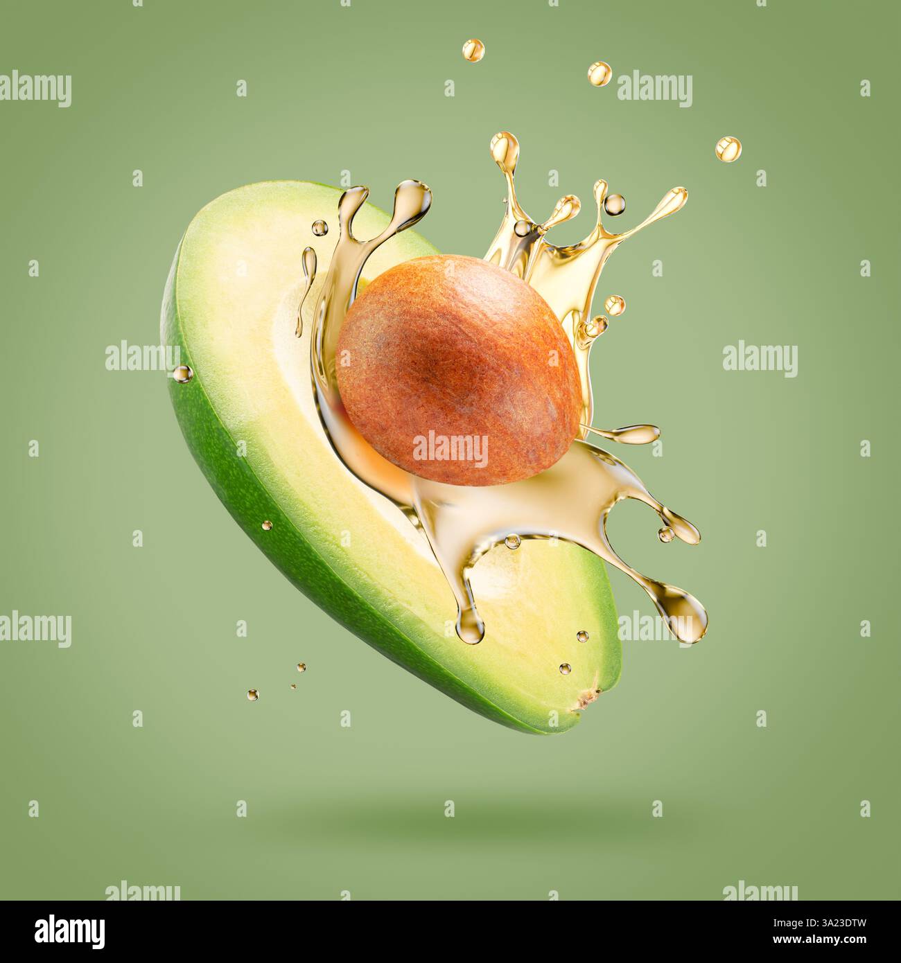 avocado with oil splash on a light green background Stock Photo - Alamy