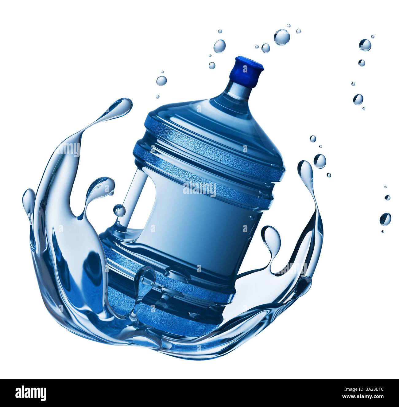 gallon of water in water splash isolated on a white background. 3d ...