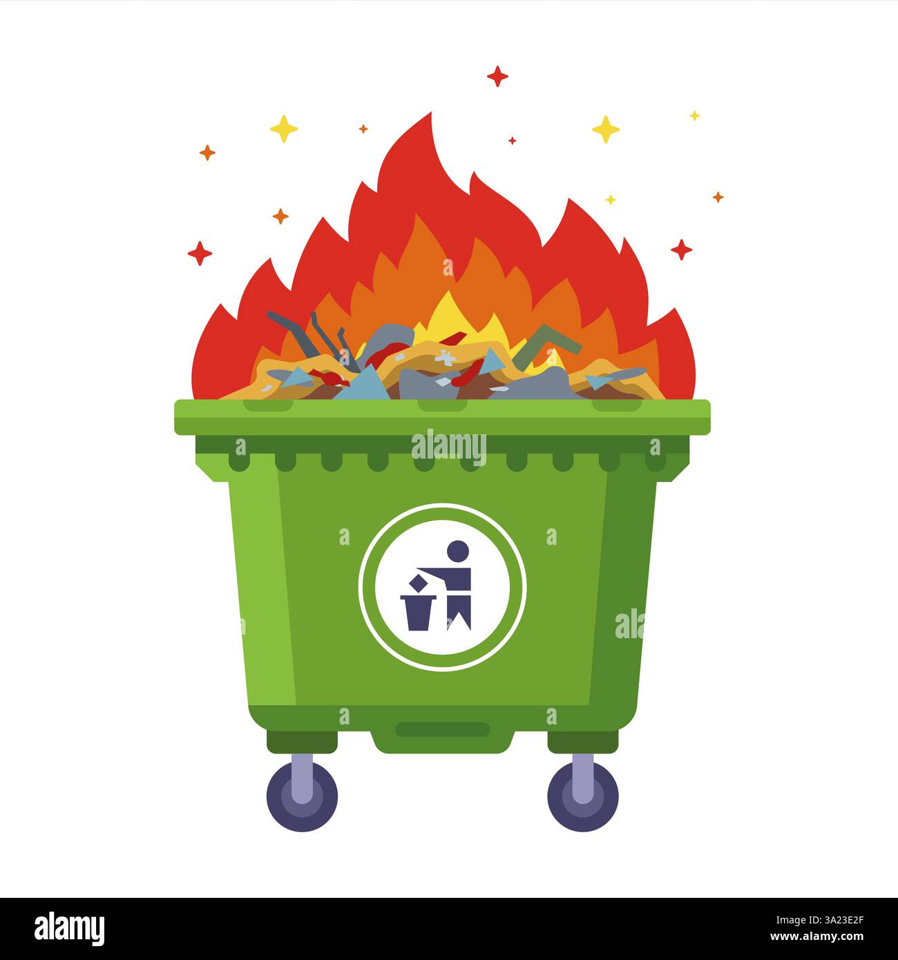 a green garbage container in which a fire burns. garbage disposal. flat ...