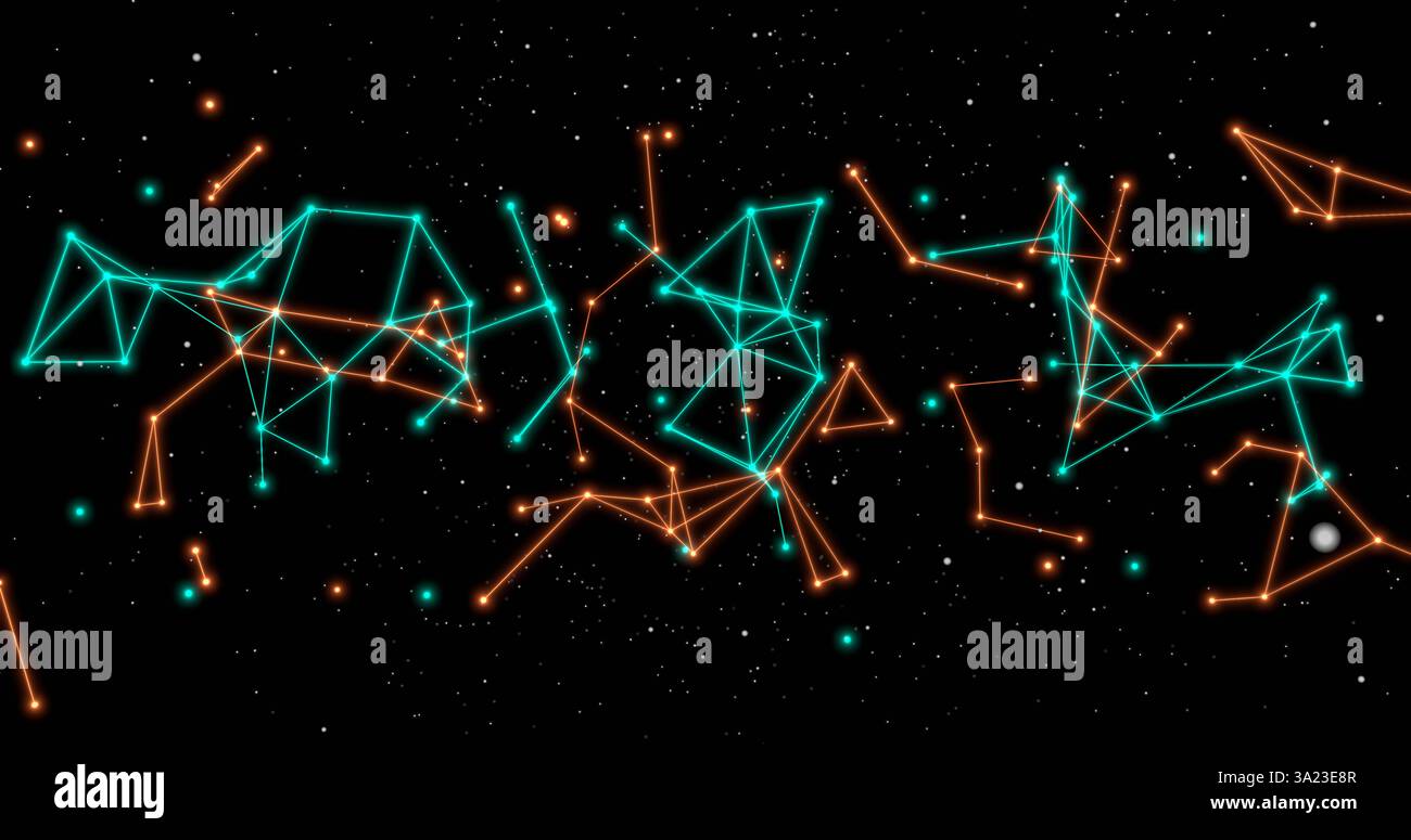 Polygon network in orange and green colours. Abstract plexus, science, connections, wire, system ...